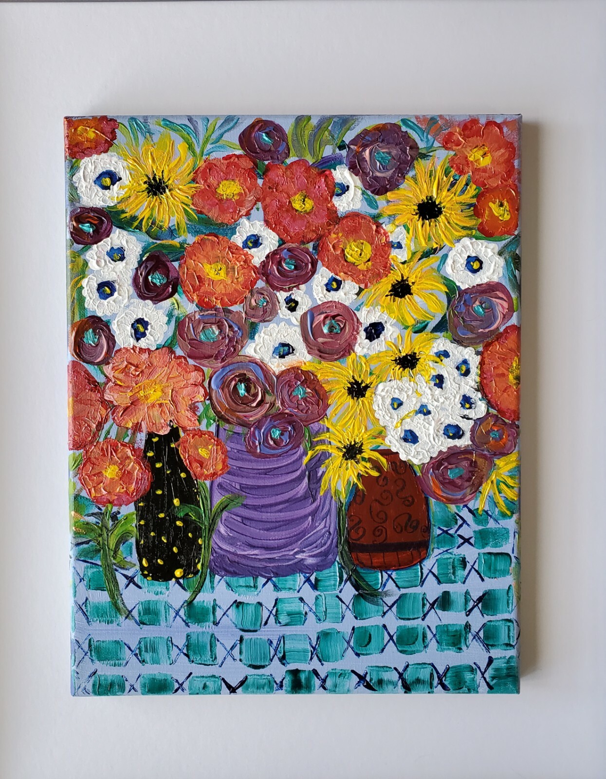 Spring Flowers Original Acrylic Painting 14" Primitive Vase Spring Love ...
