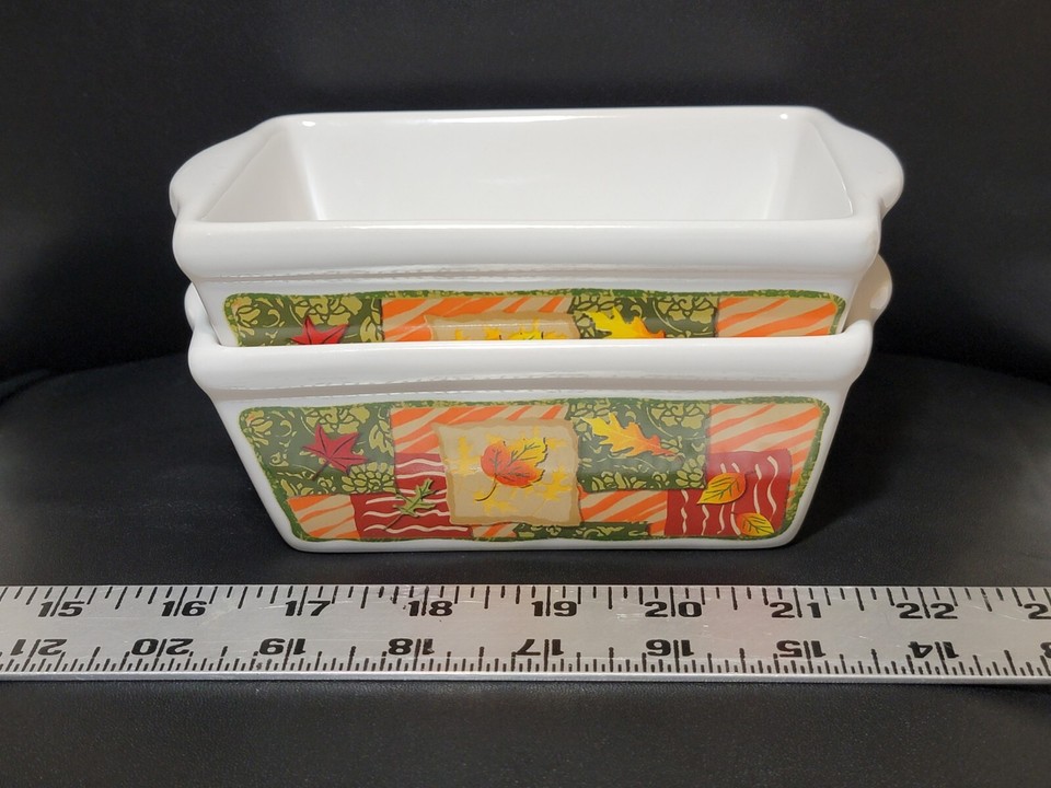 Vintage Set of 2 Quilt Fall Theme Ceramic Mini Bread Loaf Pan ...