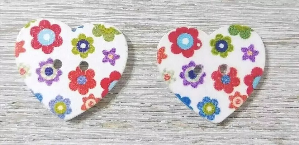 flower heart wood sewing buttons 2 holes 1 inch red green blue #9 set ...