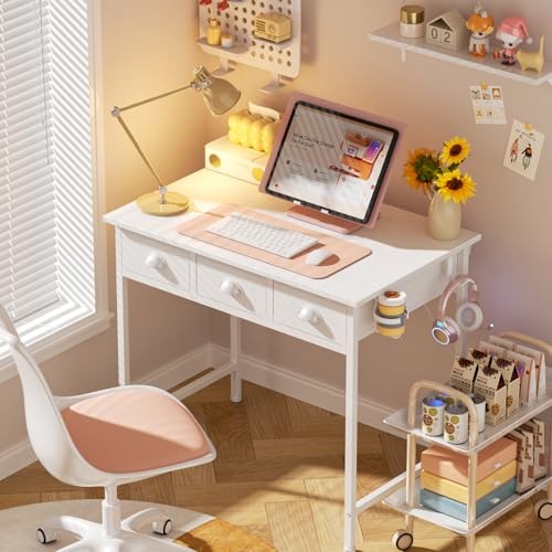 32" Small White Computer Desk with 3 Fabric Drawers, Home Office Desk ...