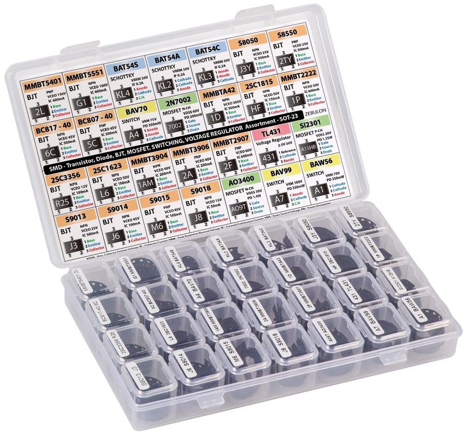 SMD SOT-23 Electronic Components Assortment, Transistors, BJT, MOSFET ...
