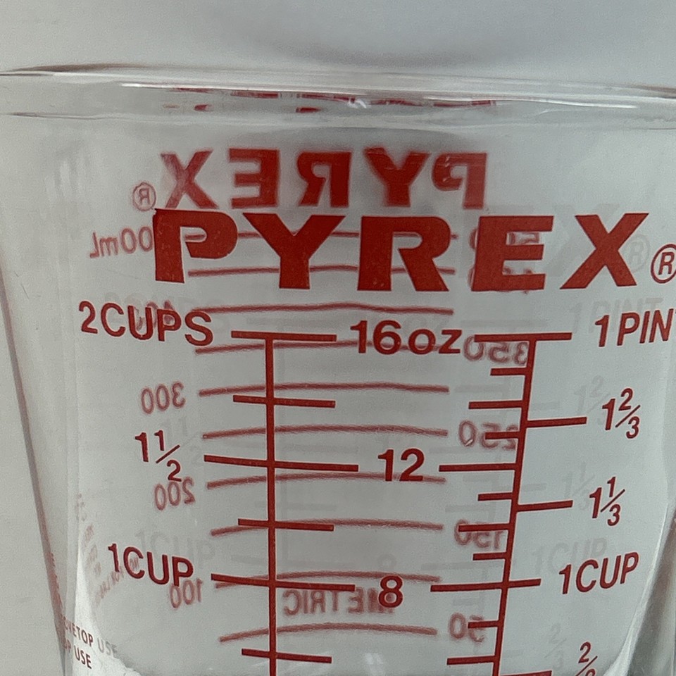 Vintage PYREX 2 Cup 1 Pint 500ml Glass Measuring Cup Red Lettering USA ...