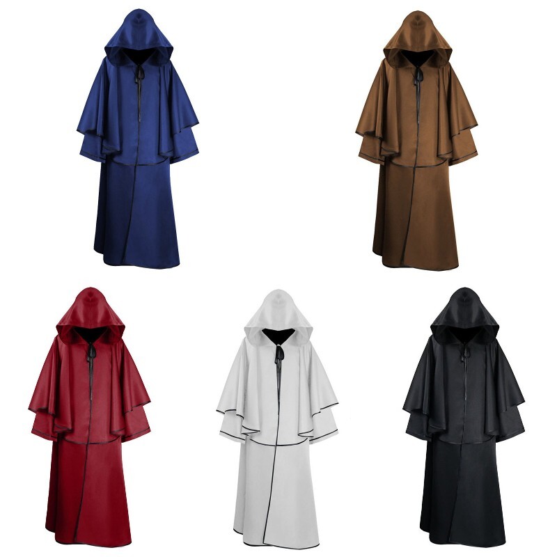 Men Hooded Cape Cloak Poncho Jacket Coat Medieval Apparel Party Cosplay ...