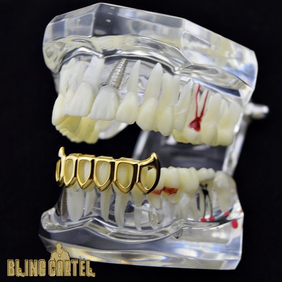 14k Gold Plated Fang Grillz 6 Six Open Face Hollow Teeth Bottom Vampire ...