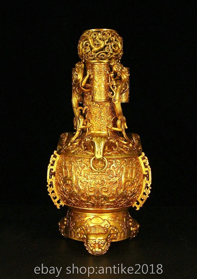 18.8" Old Chinese Copper 24K Gold Gilt 3 Sheep Head Dragon Bottle Vase ...