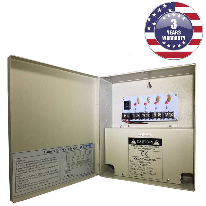 CCTV Power Supply Box 4 Ports 5 Amp 12V DC Output Fuse Auto Re-settable ...
