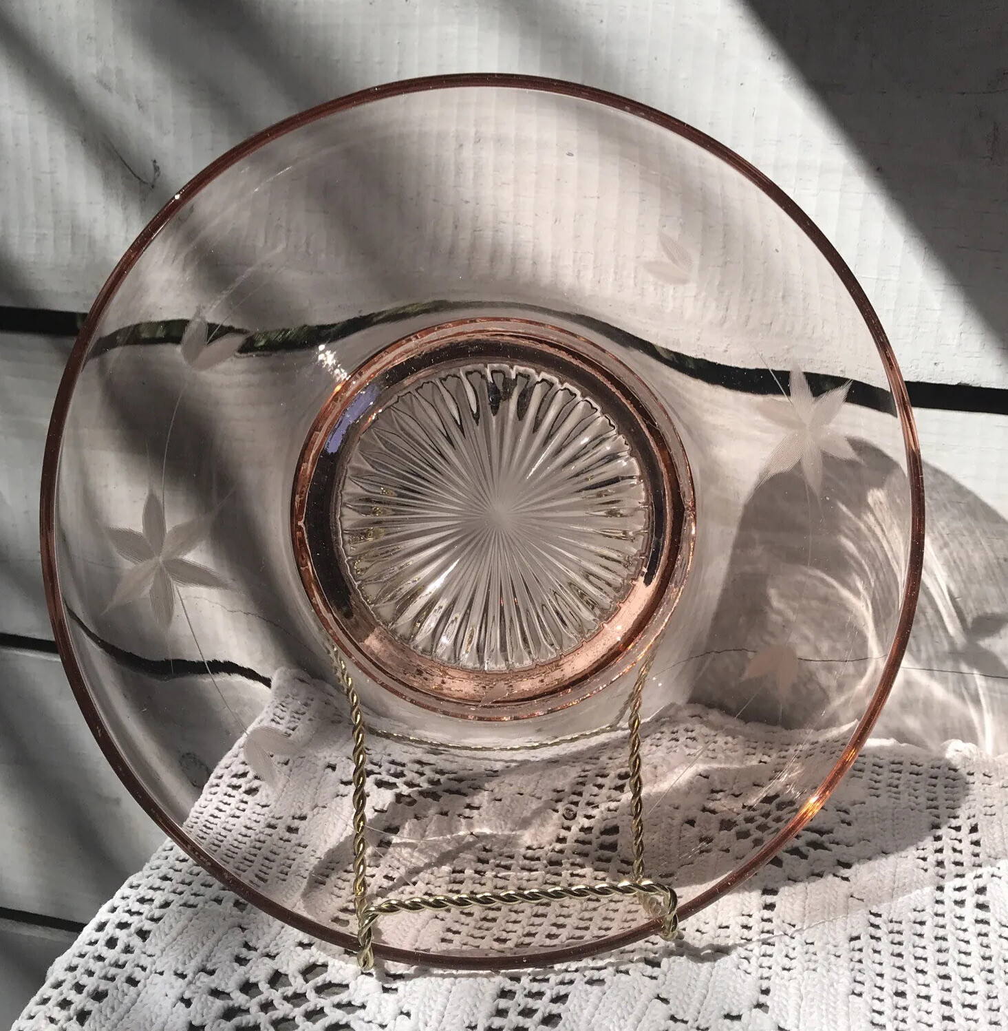 Vintage Floral Etched Pink Depression Glass Rolled Edge Console Bowl 10 ...