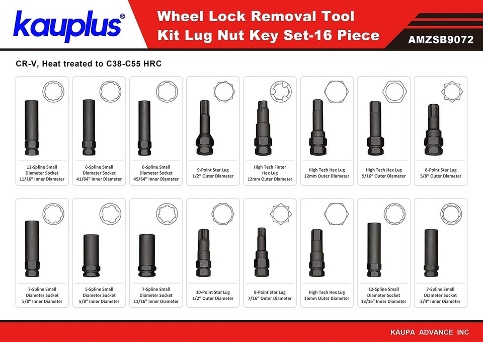 16PCS Master Wheel Locking Lug Key Set Wheel Lock Removal Kit | eBay