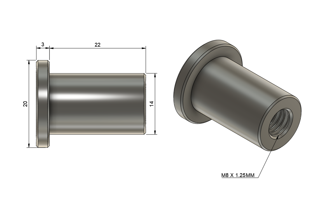 M8 X 25MM Weld In On EN8 Steel Female Threaded Fitting Top Hat Bush CNC ...