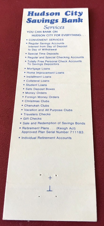 Matchbook Cover Hudson City Savings Bank | eBay