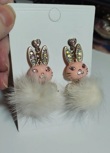 Pink Bunny Rabbit Fluffy Dangle Earrings By Designer Anna Sui Stamped ...