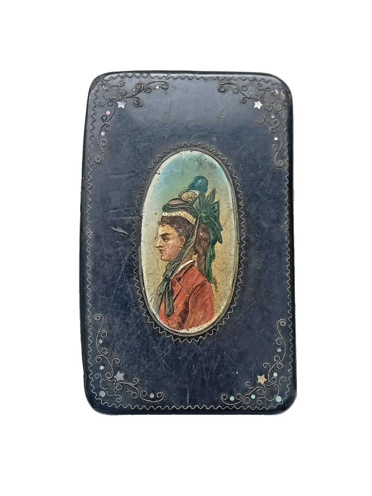 Antique 19th Century Black Regency Snuff Box with Hand Painted Portrait ...