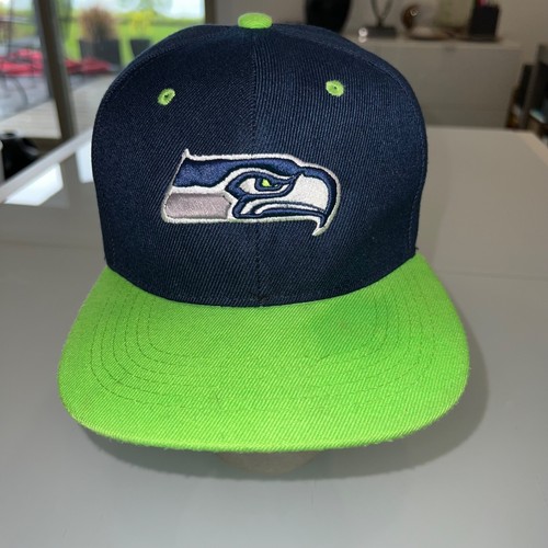Seattle Seahawks logo on dark navy blue w lime green bill Hat Cap ...