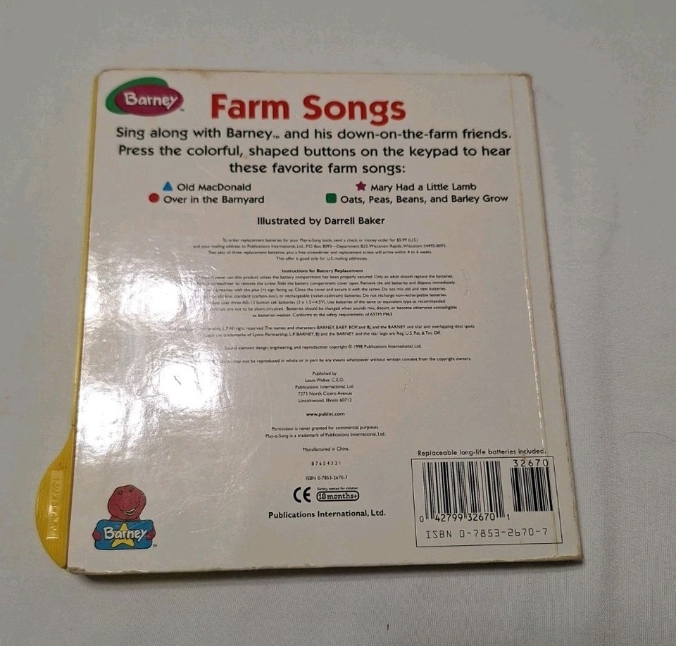 Vintage Barney Farm Songs Book Play A Song Book 1998 Works Music | eBay