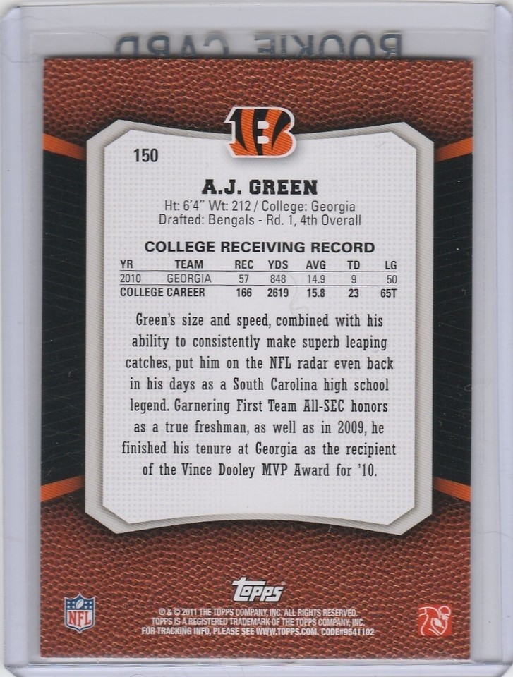 A.J. GREEN ROOKIE CARD Topps AJ RC Football Cincinnati Bengals ROOKIES ...