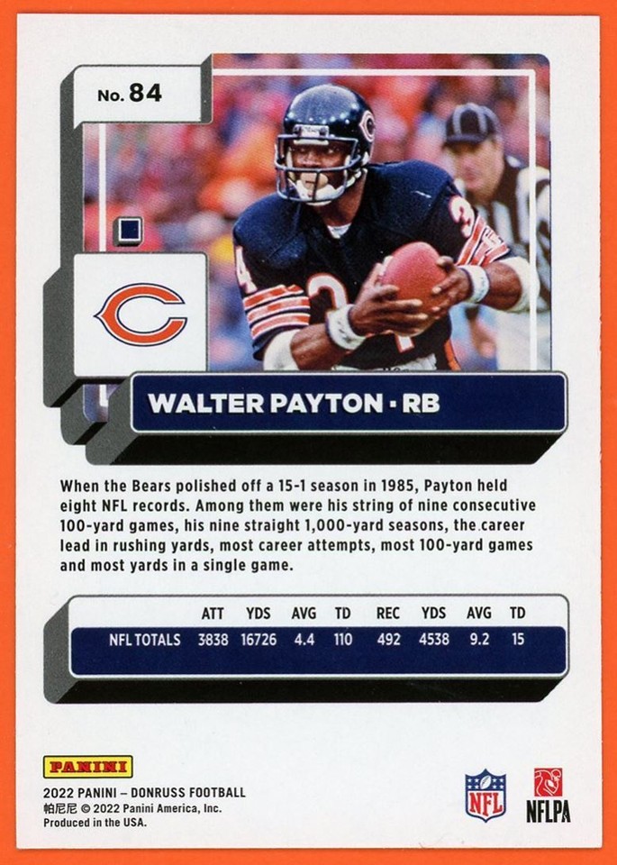 2022 Panini Donruss Blue Press Proof Walter Payton Chicago Bears #84 ...