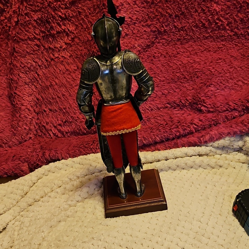 Antique Knight Armor Figurine Silver Red Metal Shield Spear Wooden Base ...