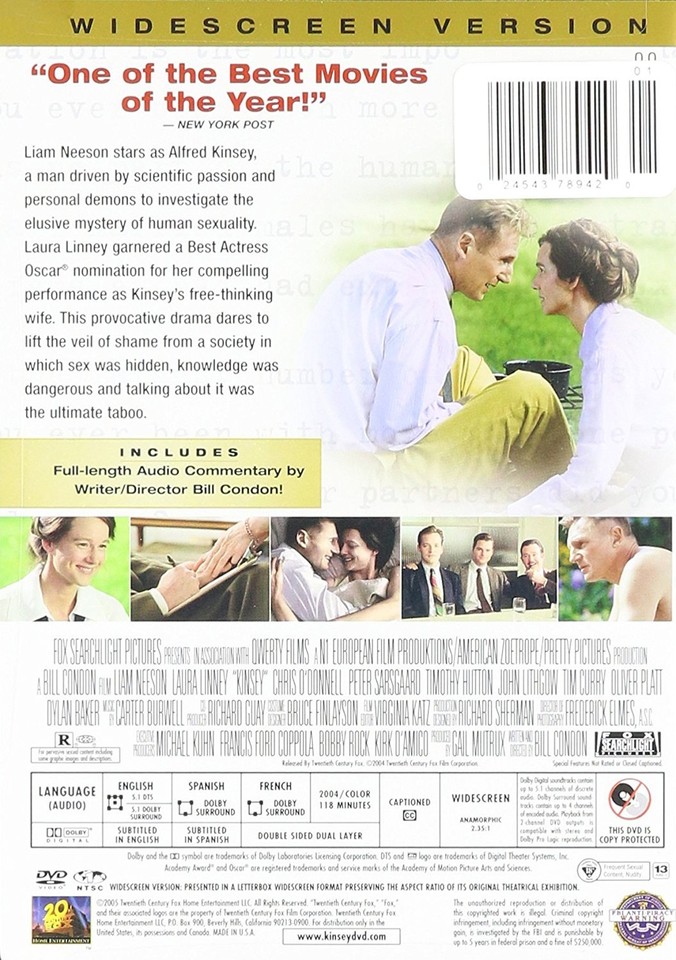 Kinsey DVD 2005 Widescreen Liam Neeson Laura Linney THE MOVIE Chris O ...