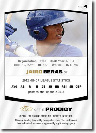 JAIRO BERAS 2012 Rize Draft Rookie BLACK Paragon PRODIGY RC #/50 | eBay