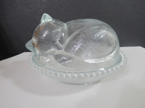 Indiana Clear Glass Sleeping Cat Kitten On Nest Candy Dish | eBay