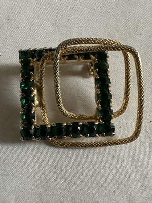 Vintage Brooch Pin Rhinestone GREEN CRYSTAL INTERLOCKING SQUARES B4 | eBay