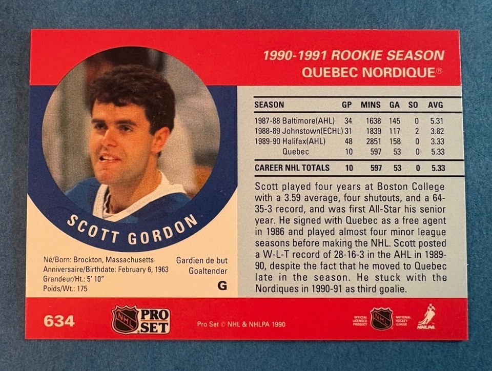 1990-91 Pro Set #634 Scott Gordon Rookie Quebec Nordiques NHL | eBay