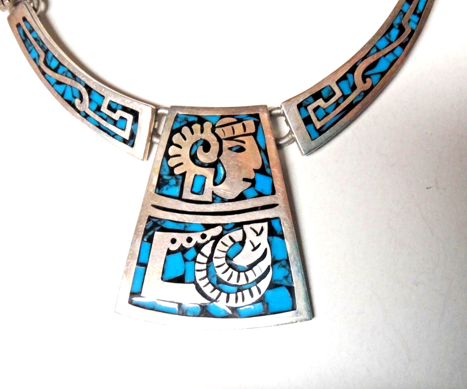 Taxco Sterling Silver Turquoise Chip Inlay Panel Link Collar Necklace ...