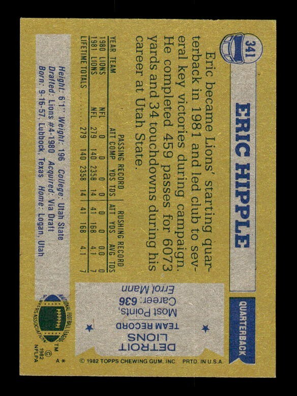 ERIC HIPPLE SIGNED 1982 TOPPS FOOTBALL #341 DETROIT LIONS ON-CARD AUTO ...