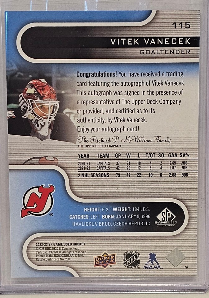 2022-23 UPPER DECK UD SP GAME USED HOCKEY VITEK VANECEK #115 BLUE AUTO ...