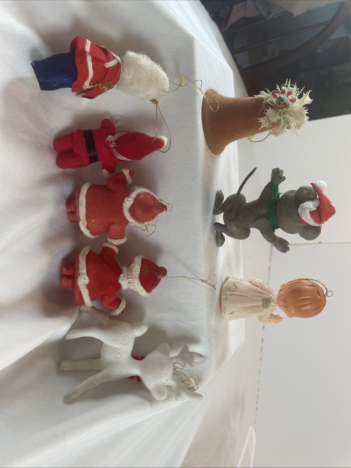 Lot of 8 Vintage Felt Flocked Christmas Ornaments Deer Mouse Bell Santa ...