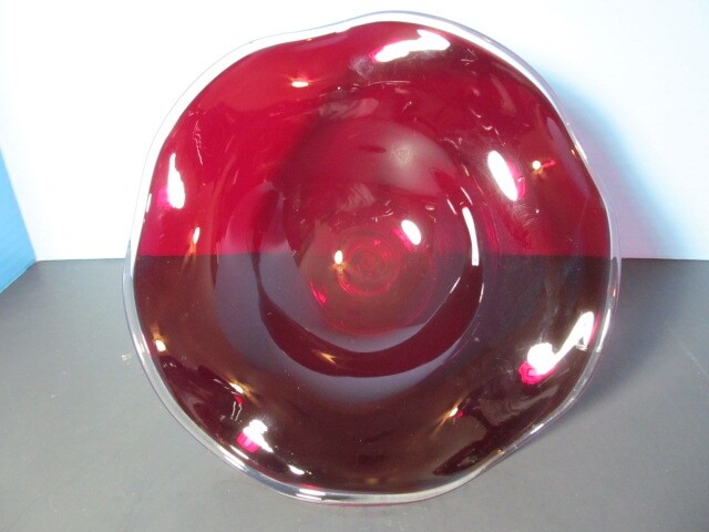 TELEFLORA RUBY RED BOWL 9.5" WIDE RUFFLED WAVE FOOTED PEDESTAL ART ...