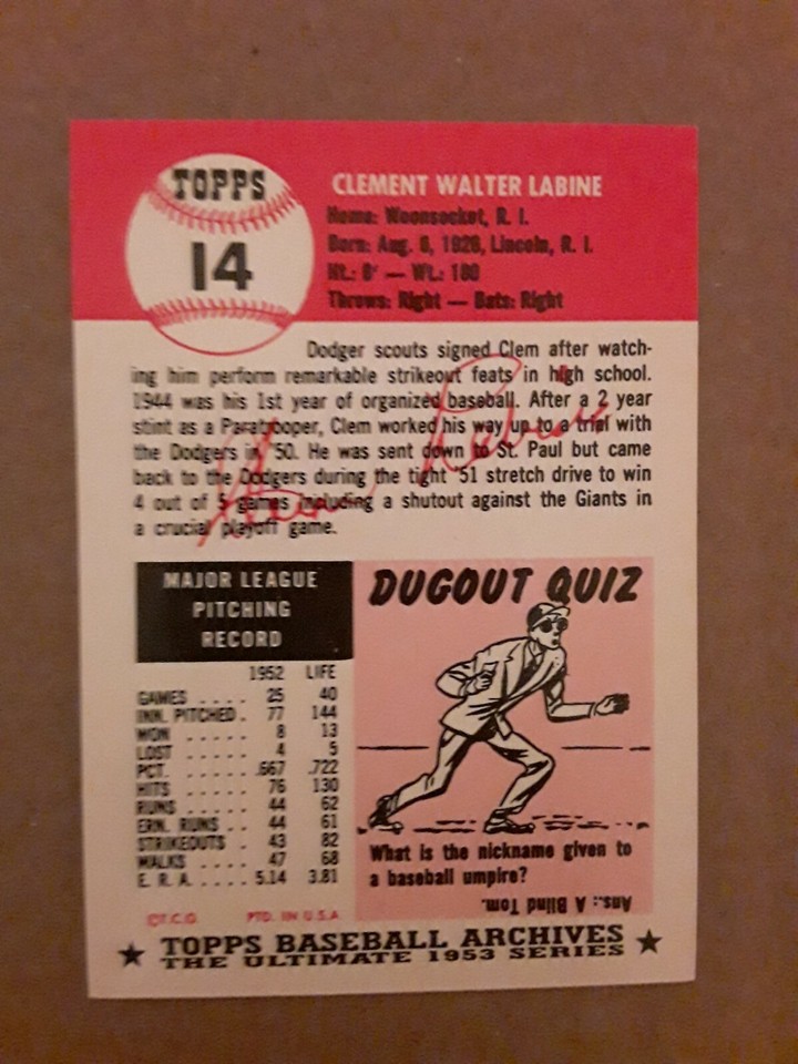 1953 Topps Clem Labine Brooklyn Dodgers Baseball Card #14. REPRINT.1991 ...