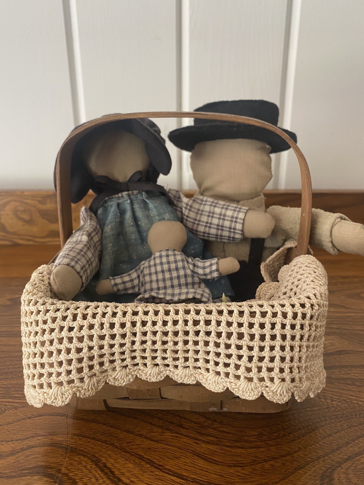 Amish Cloth Rag Doll Family W/ Basket and Doily-Folk Art, Handmade ...