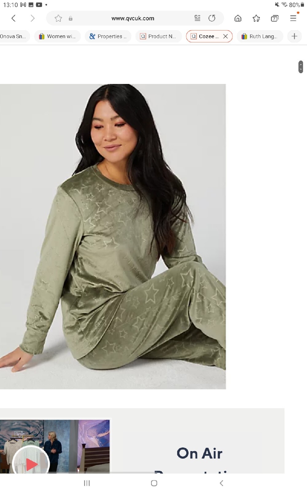 QVC Cozee Home Stretch Velour Star Embossed Pyjamas Sage Green Small ...