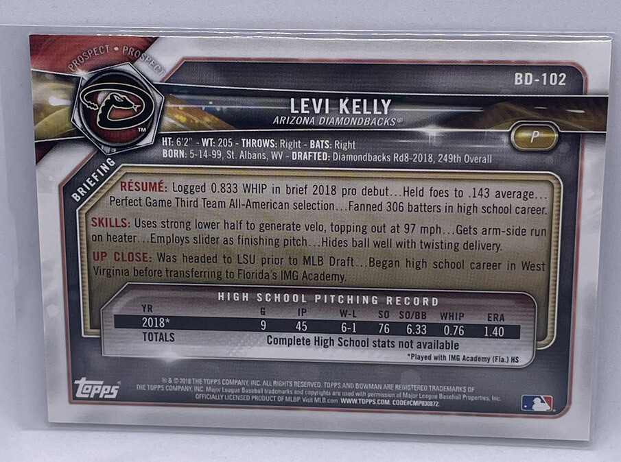 2018 Bowman Draft Purple #BD102 Levi Kelly /250 Diamondbacks | eBay