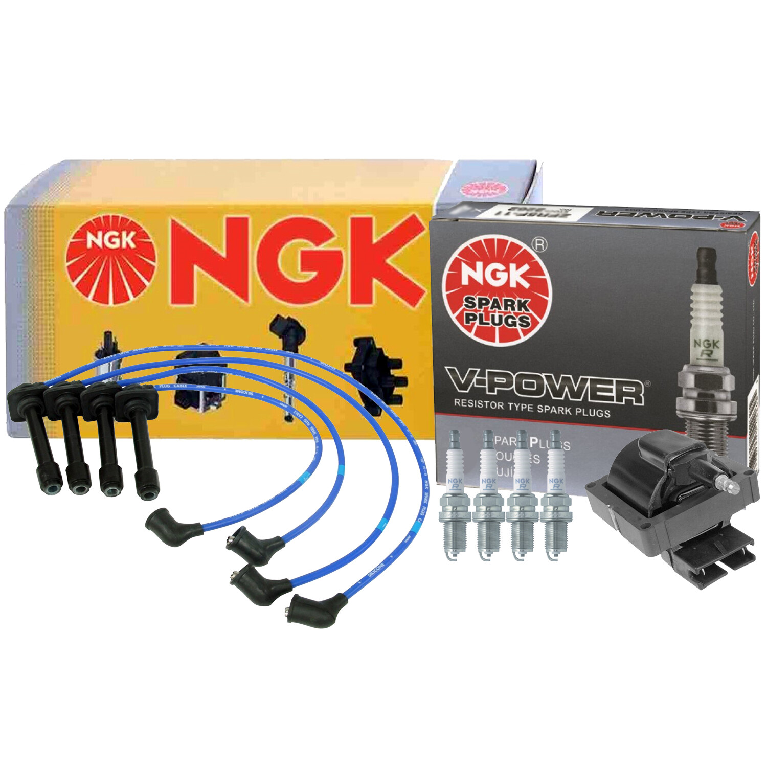 NGK HEI Ignition Coil Wires & 4 V-Power Spark Plugs Kit For Ford Probe ...