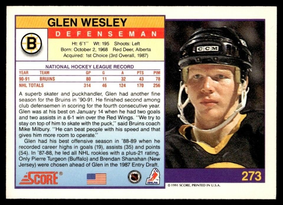 1991-92 Score American #273 Glen Wesley Boston Bruins | eBay
