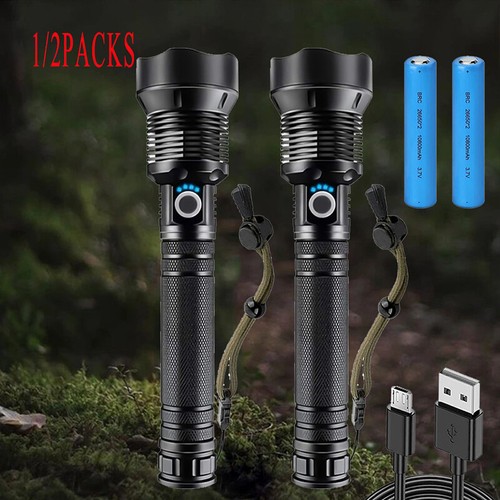 1/2Pcs Super-Bright LED Tactical Flashlight Zoomable With Rechargeable ...