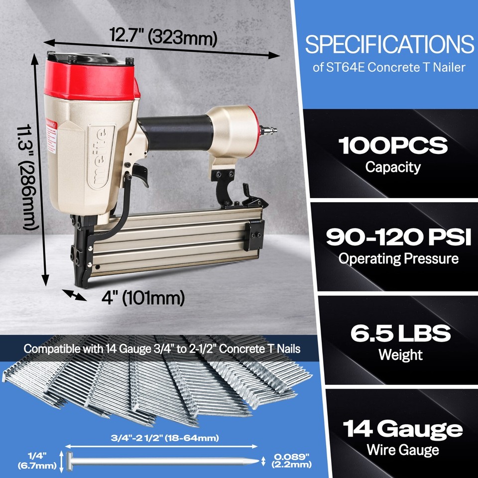 meite ST64E 14 Gauge Pneumatic Concrete T Nailer with 400 PCS Concrete ...