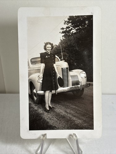 Vintage Pretty Woman In Front Car Automobile Nash Buick Dress B&W | eBay