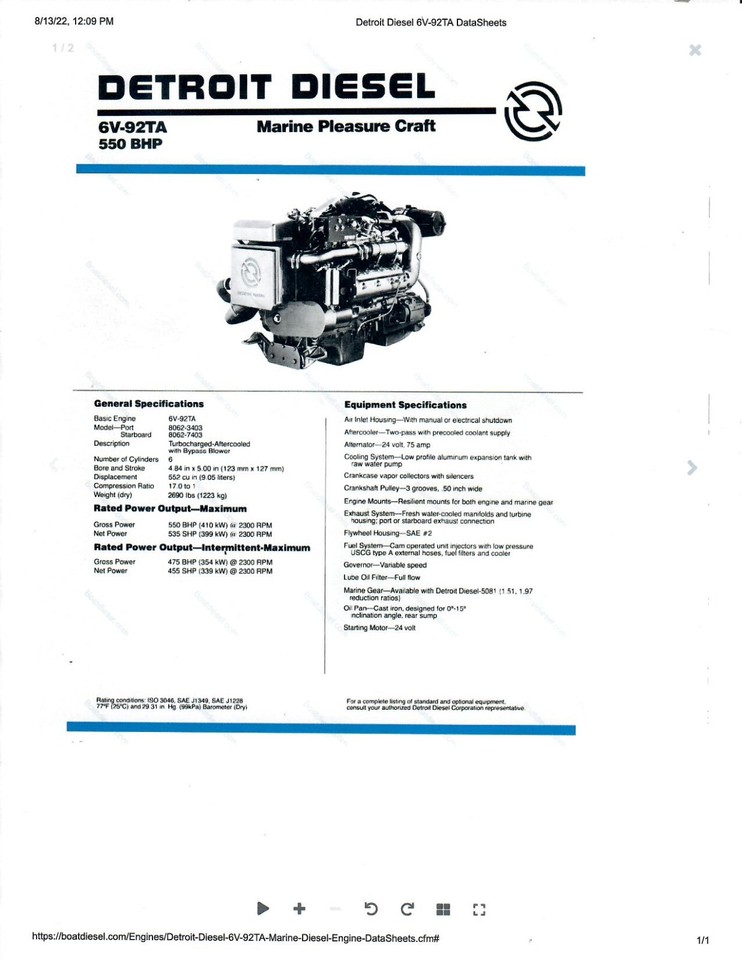 Detroit Diesel 6V-92TA / 6V92 , Marine Diesel Engine, 550 HP @ 2300 RPM ...