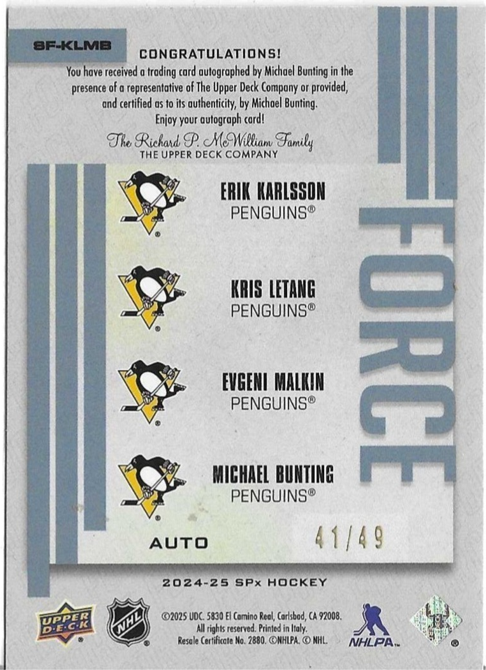 LETANG,KARLSSON,MALKIN,BUNTING 24-25 UPPER DECK SPx FORCE AUTO M ...