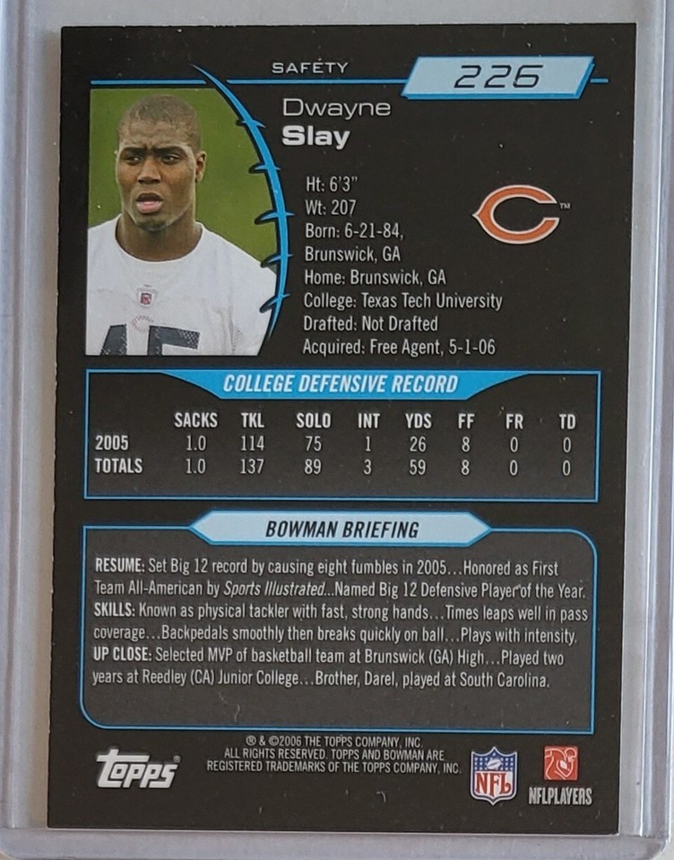 2006 Bowman Rookie #226 Dwayne Slay Chicago Bears Football Card | eBay