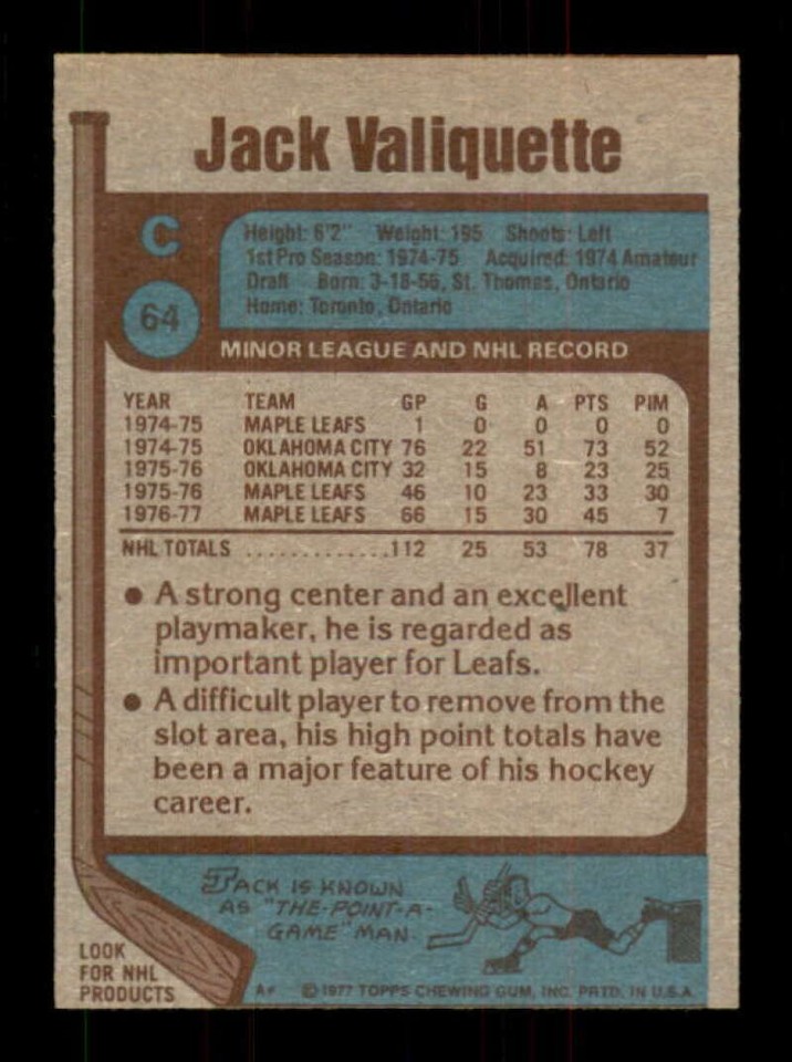 1977-78 Topps #64 Jack Valiquette NM/NM+ 541088 | eBay