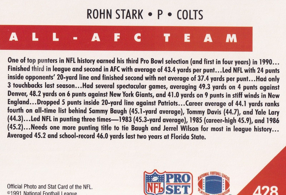 1991 Pro Set #428 Rohn Stark NFL Indianapolis Colts + Free Mystery Card ...