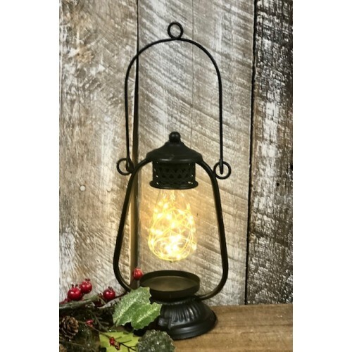 NEW Primitive FARMHOUSE BLACK Metal Lantern LED Distressed 16" x 6 ...