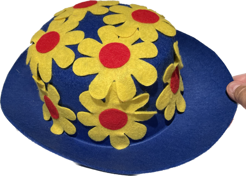 BLUE CLOWN DAISY DERBY HAT Costume Cap Funny Adult Bowler Yellow ...