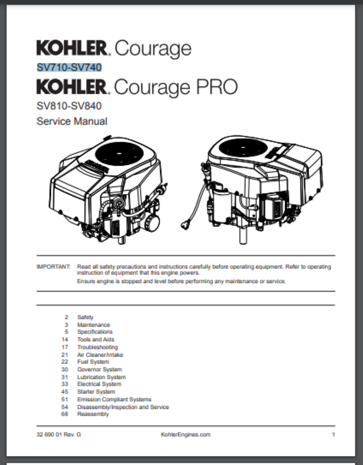 Kohler Courage SV710-SV740 SV810-SV840 SERVICE MANUAL 84 pages comb ...