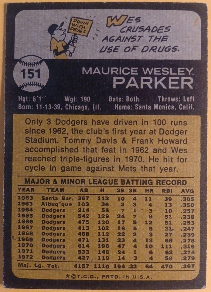 1973 TOPPS #151 LOS ANGELES DODGERS WES PARKER [2] MID-GRADE 04558 | eBay