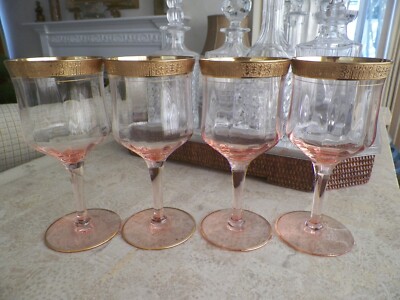 Vintage Tiffin Glass Valencia Pink Gold Etched Water Wine Goblets Stem ...